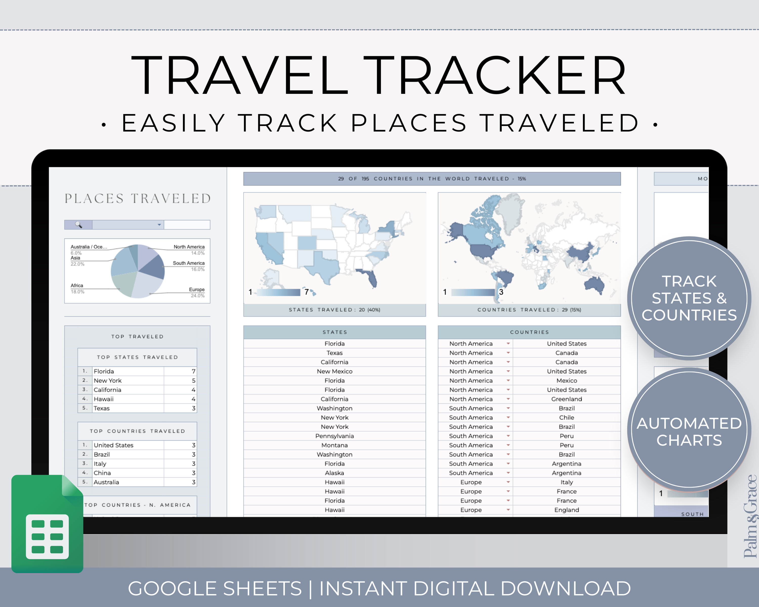 Travel Tracker Spreadsheet, Google Sheets Places Traveled Map, Digital Travel Tracker World Map ...