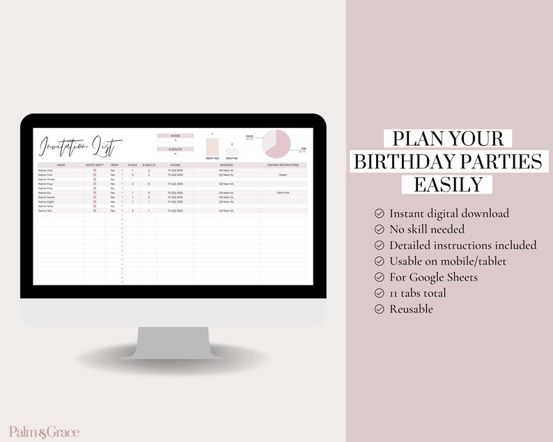 Digital Party Planner Spreadsheet, Google Sheets Birthday Party Planner ...