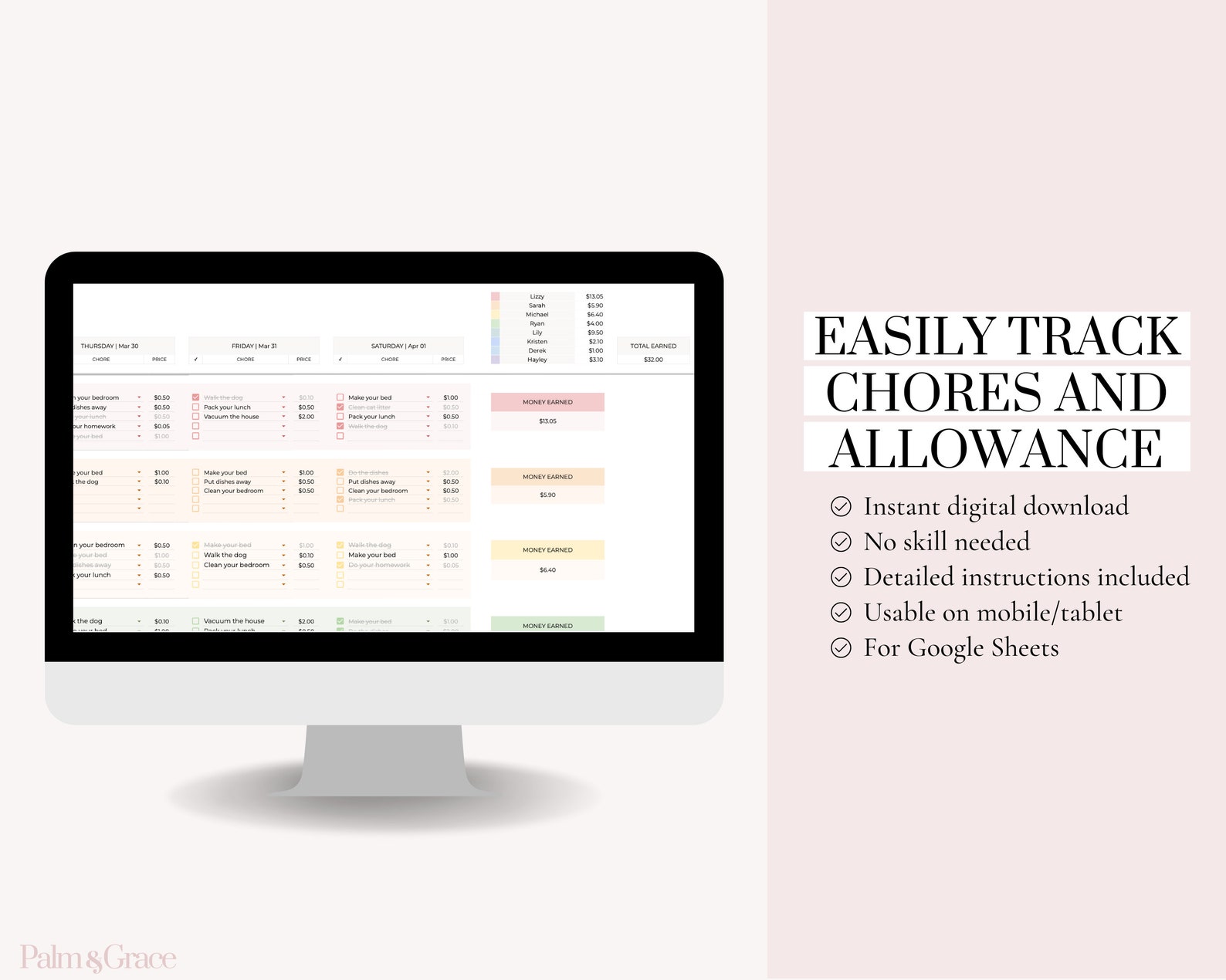 Google Sheets Family Chore Chart Template, Allowance Tracker, Digital ...