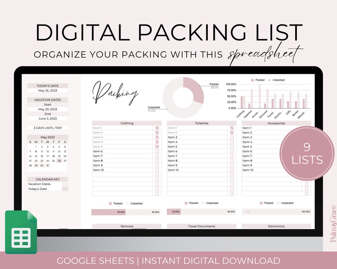 Packing List Spreadsheet Template, Editable Packing Checklist, Vacation ...