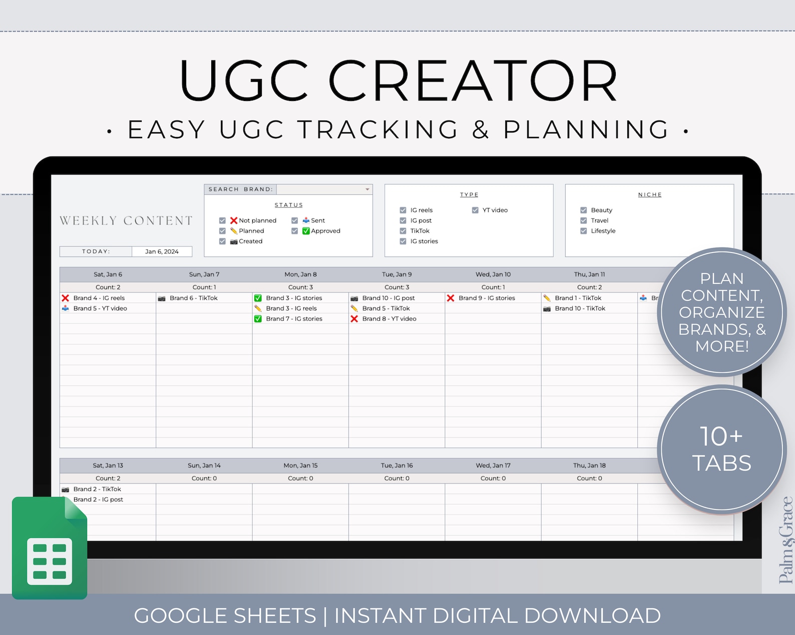 UGC Planner Google Sheets, UGC Creator Organizer, Brand Outreach ...