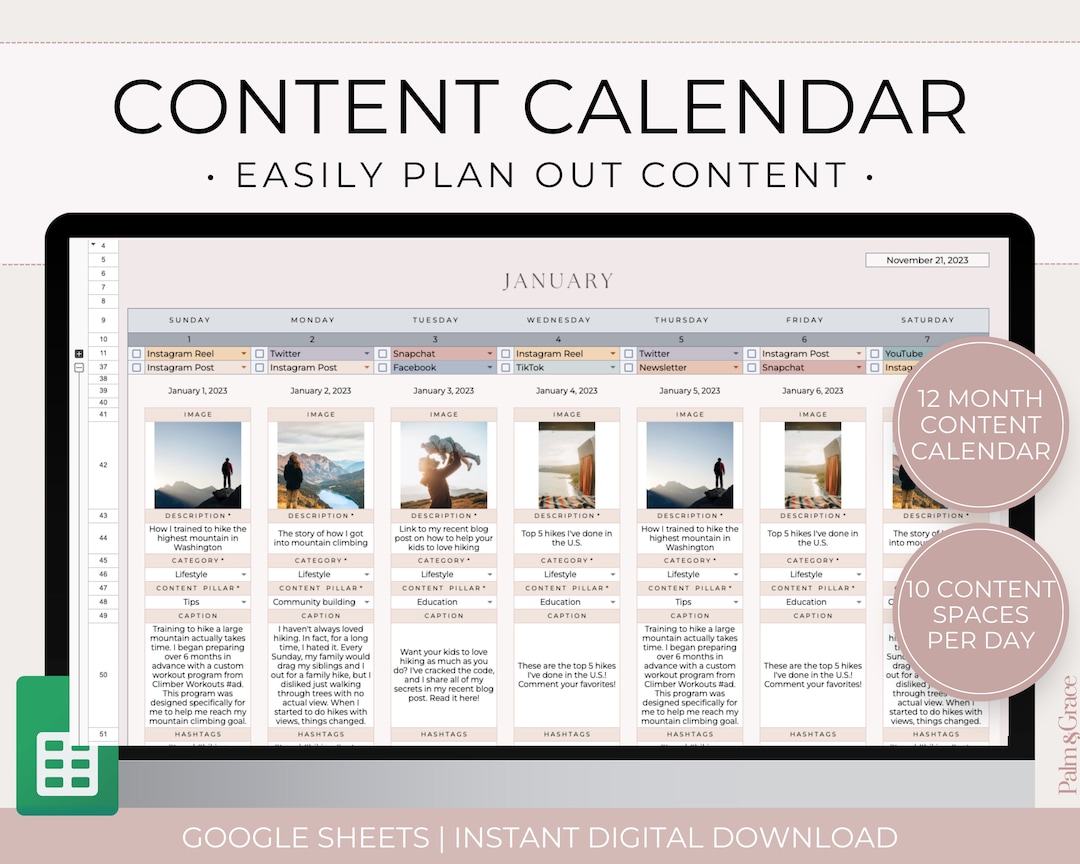 Google Sheets Content Calendar Spreadsheet, Social Media Content ...