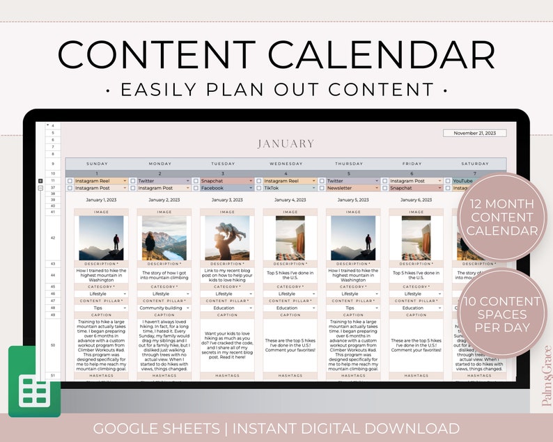 Google Sheets Content Calendar Spreadsheet, Social Media Content ...