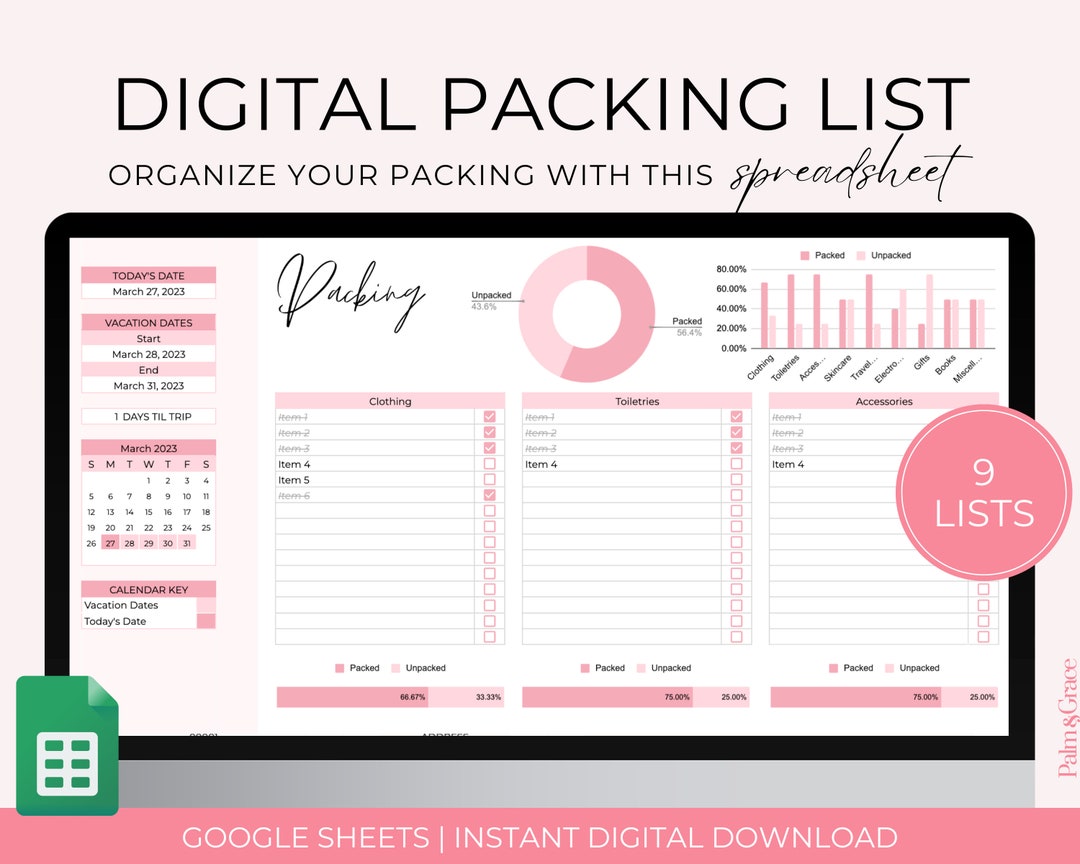 Packing List Spreadsheet Template, Editable Packing Checklist, Vacation ...
