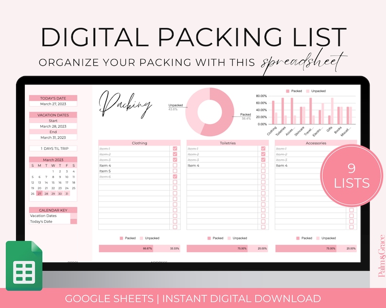 Packing List Spreadsheet Template, Editable Packing Checklist, Vacation ...