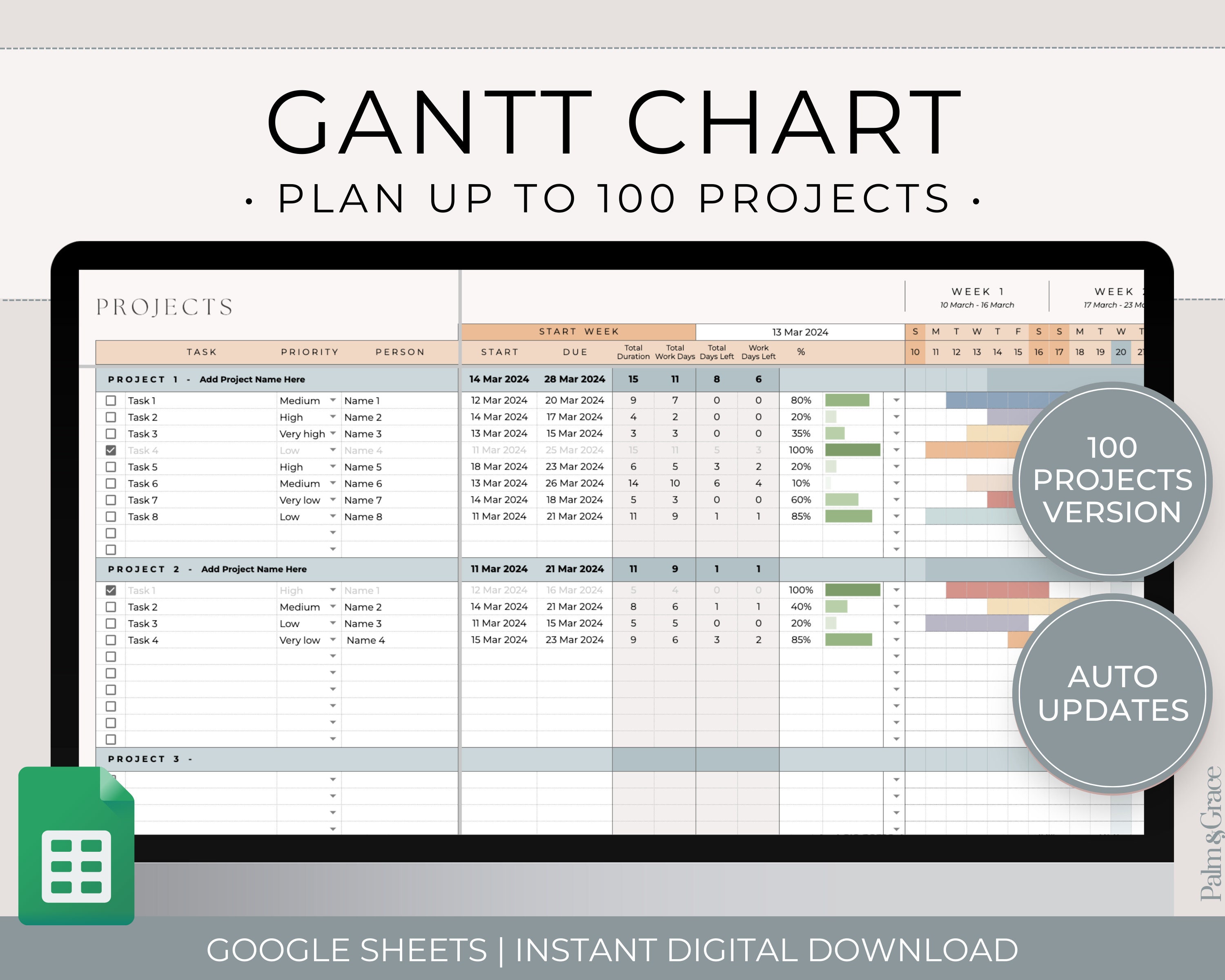 100 Projects Gantt Chart Google Sheets Template, Automated Project ...