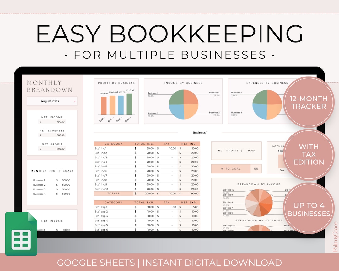 Small Business Bookkeeping Spreadsheet for Multiple Businesses, Google ...