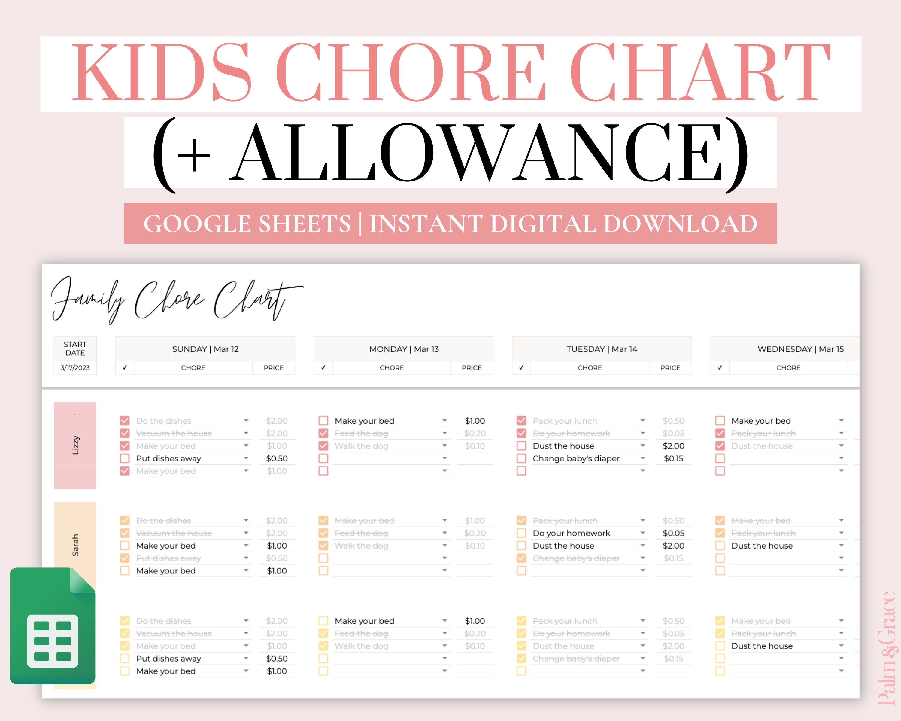 Google Allowance Chore Chart, Chore Chart for Kids, Family Allowance ...