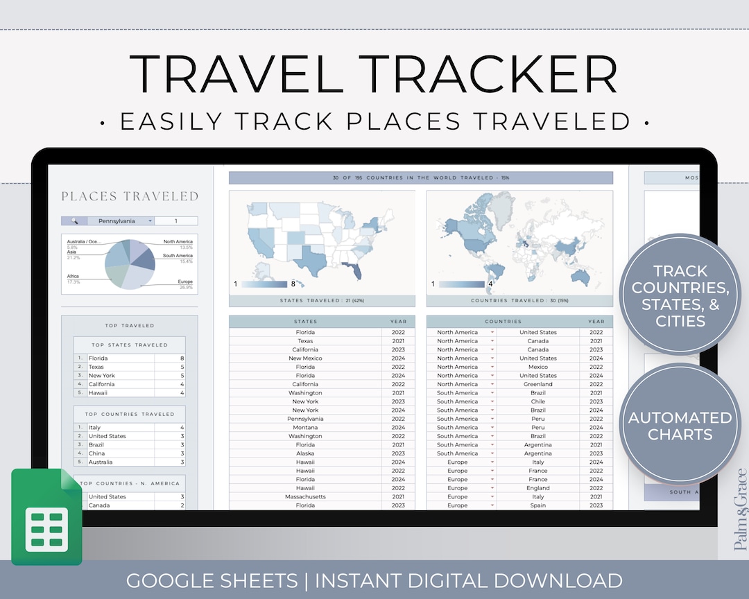 Travel Tracker Spreadsheet, Google Sheets Places Traveled Map, Digital ...