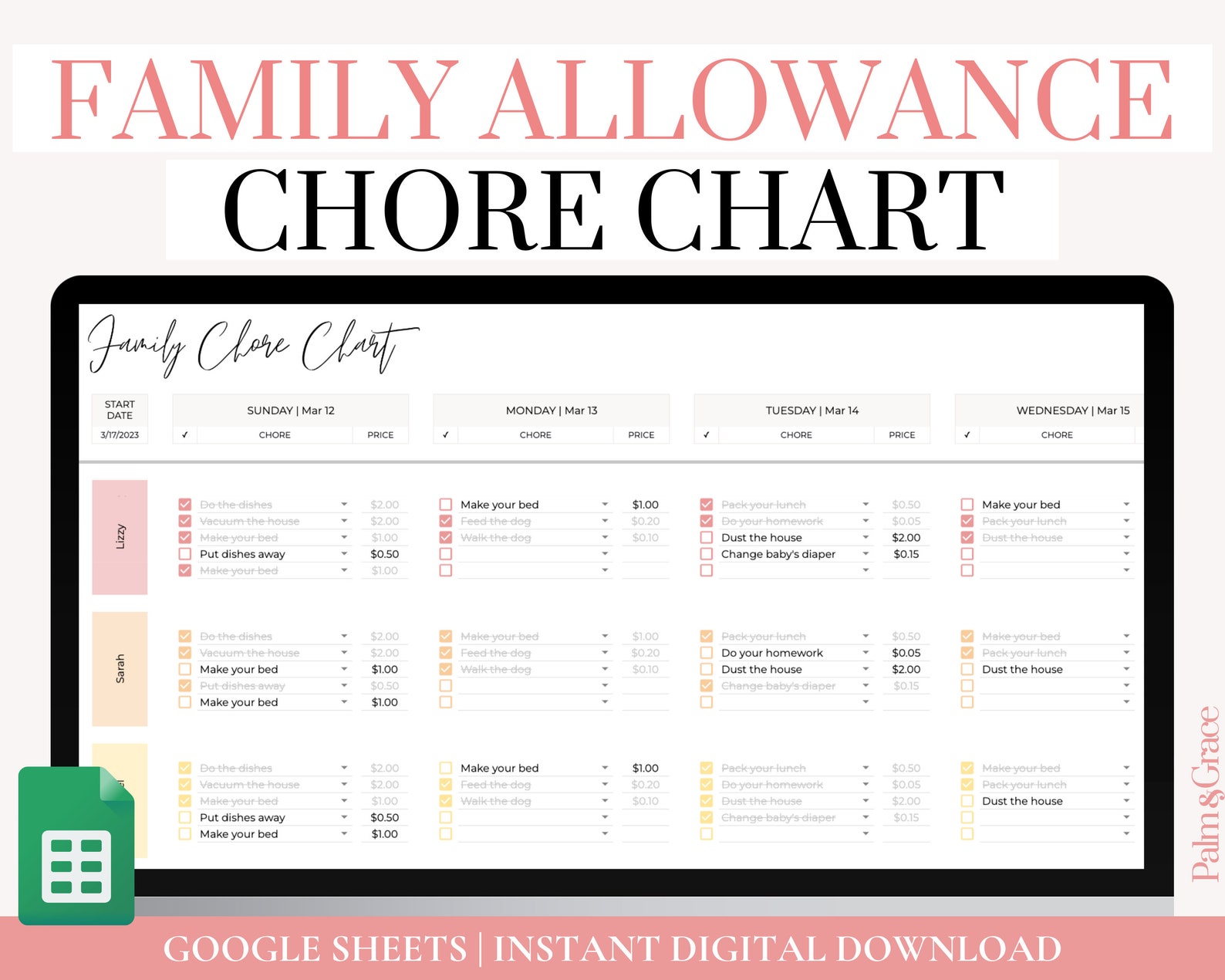 Digital Allowance Chart, Chore Chart for Kids, Family Allowance Tracker ...
