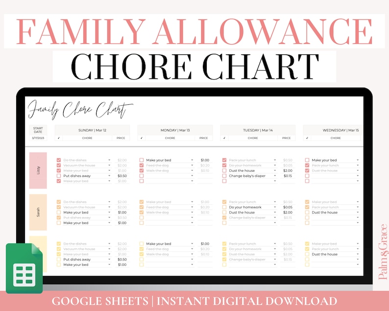 Digital Allowance Chart, Chore Chart for Kids, Family Allowance Tracker ...