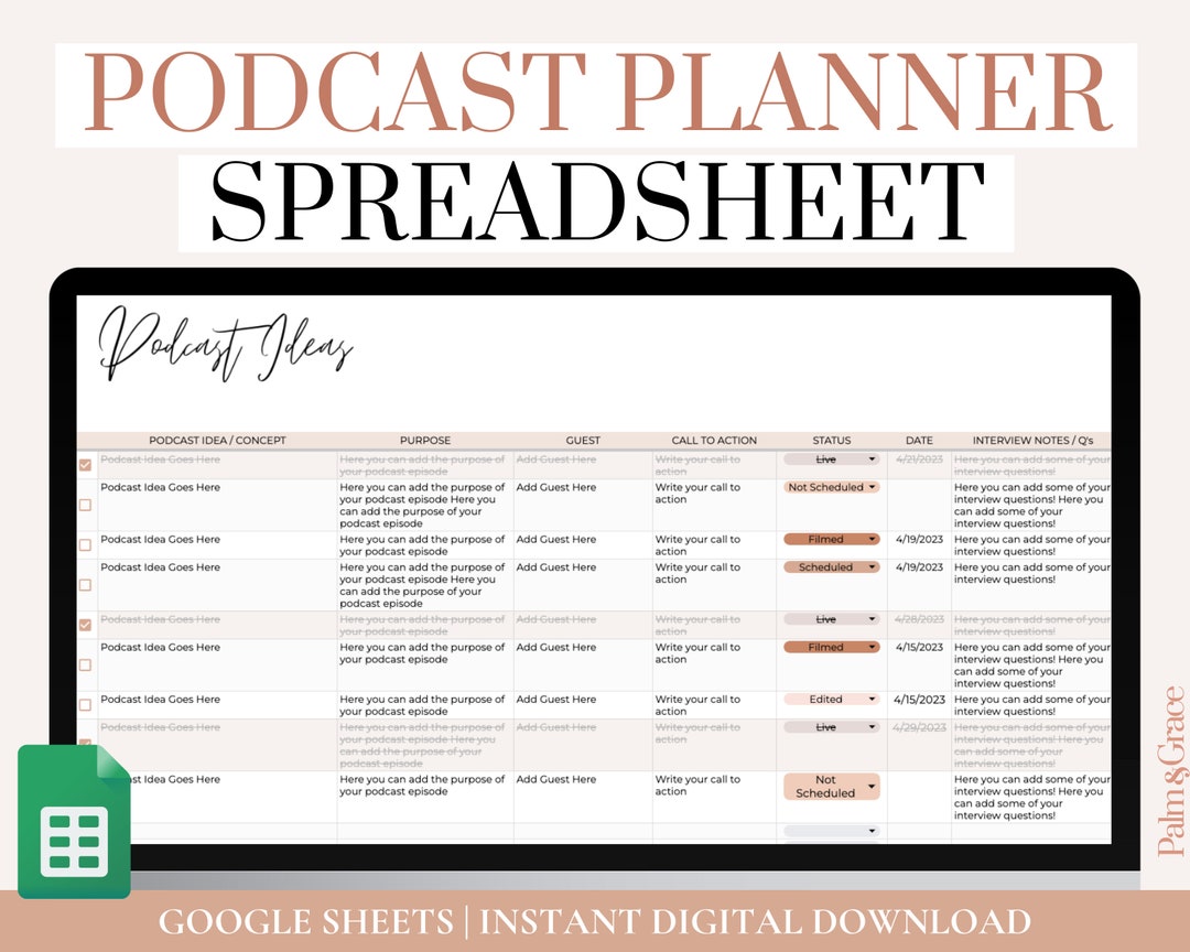 Podcast Planner Template Google Sheets, Digital Content Planner and ...