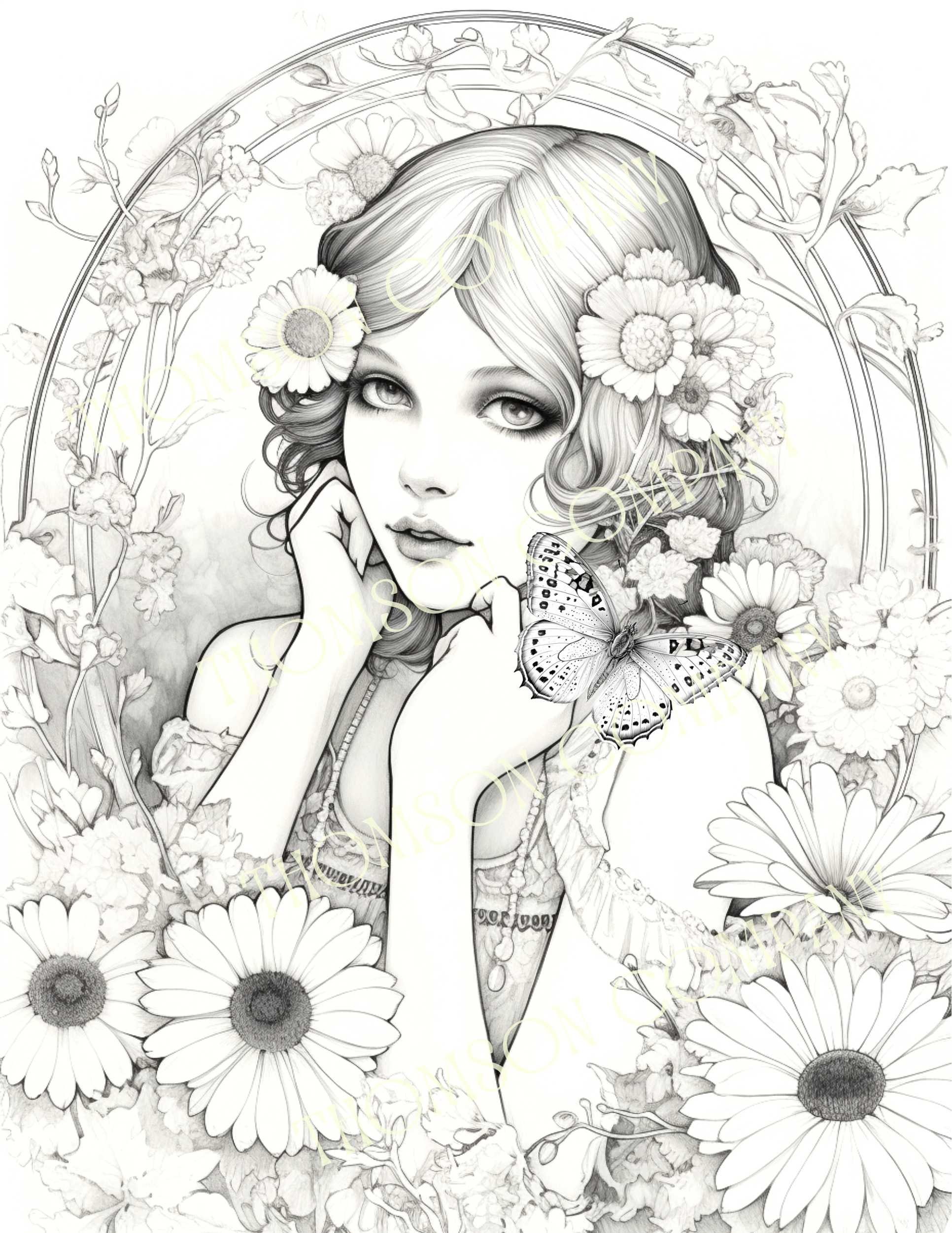 9 Portrait of a Lady With Flowers & Butterflies Coloring Pages to De ...