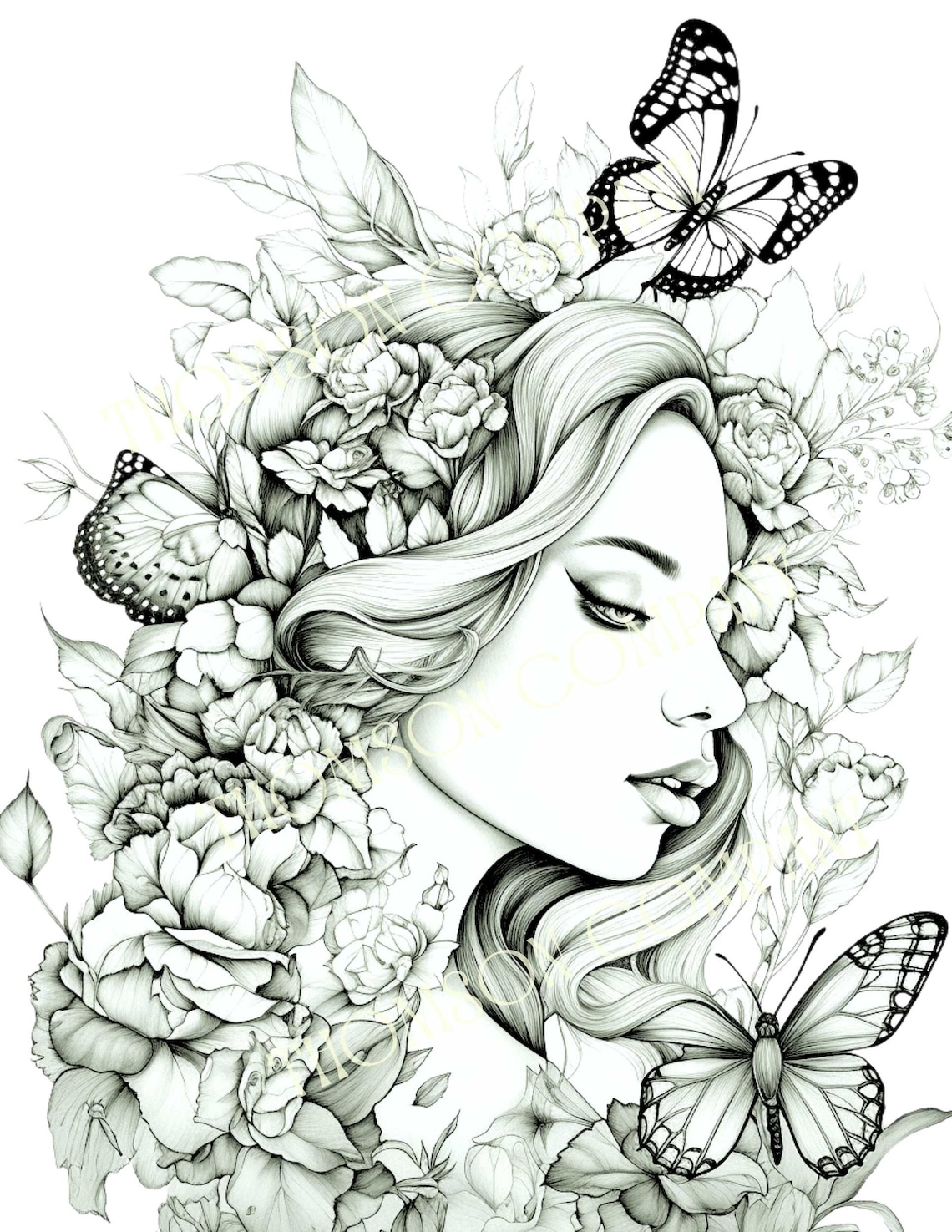 11 Portrait of a Lady With Flowers & Butterflies Coloring Pages to De ...