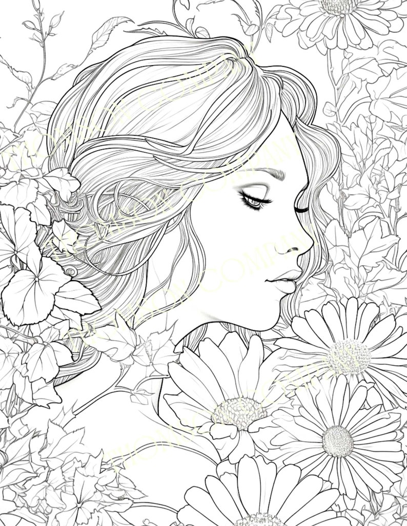 11 Portrait of a Lady With Flowers & Butterflies Coloring Pages to De ...