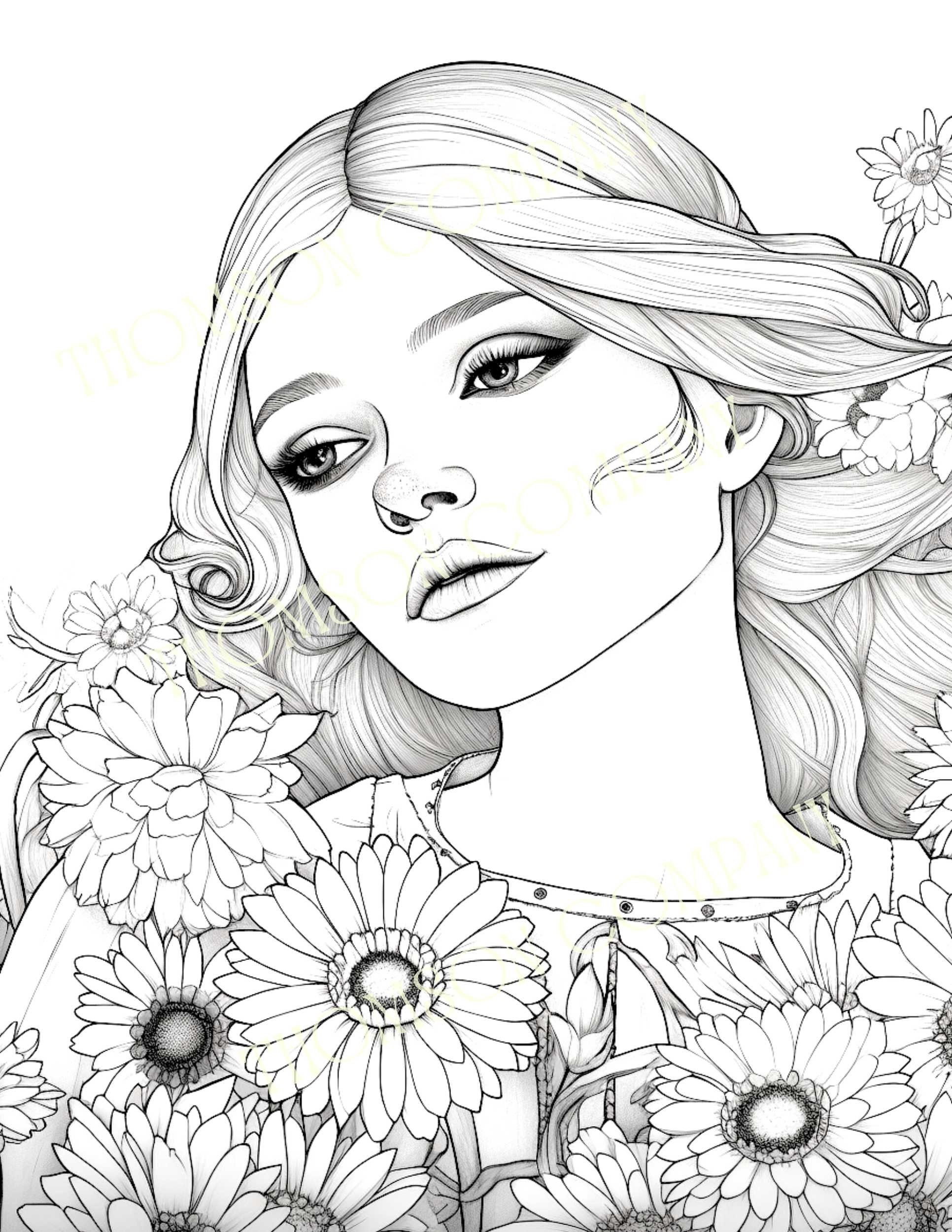 11 Portrait of a Lady With Flowers & Butterflies Coloring Pages to De ...