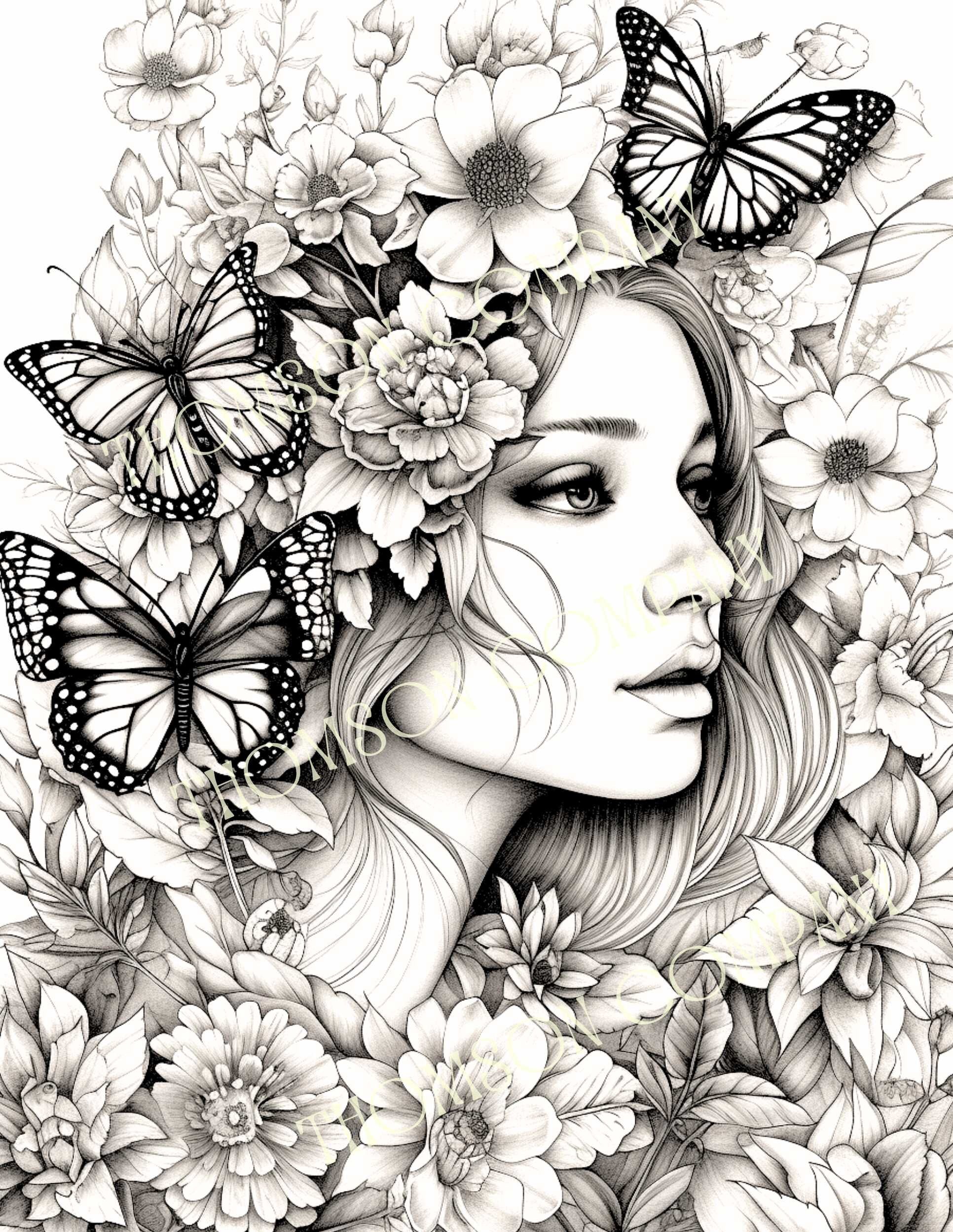 9 Portrait of a Lady With Flowers & Butterflies Coloring Pages - Etsy