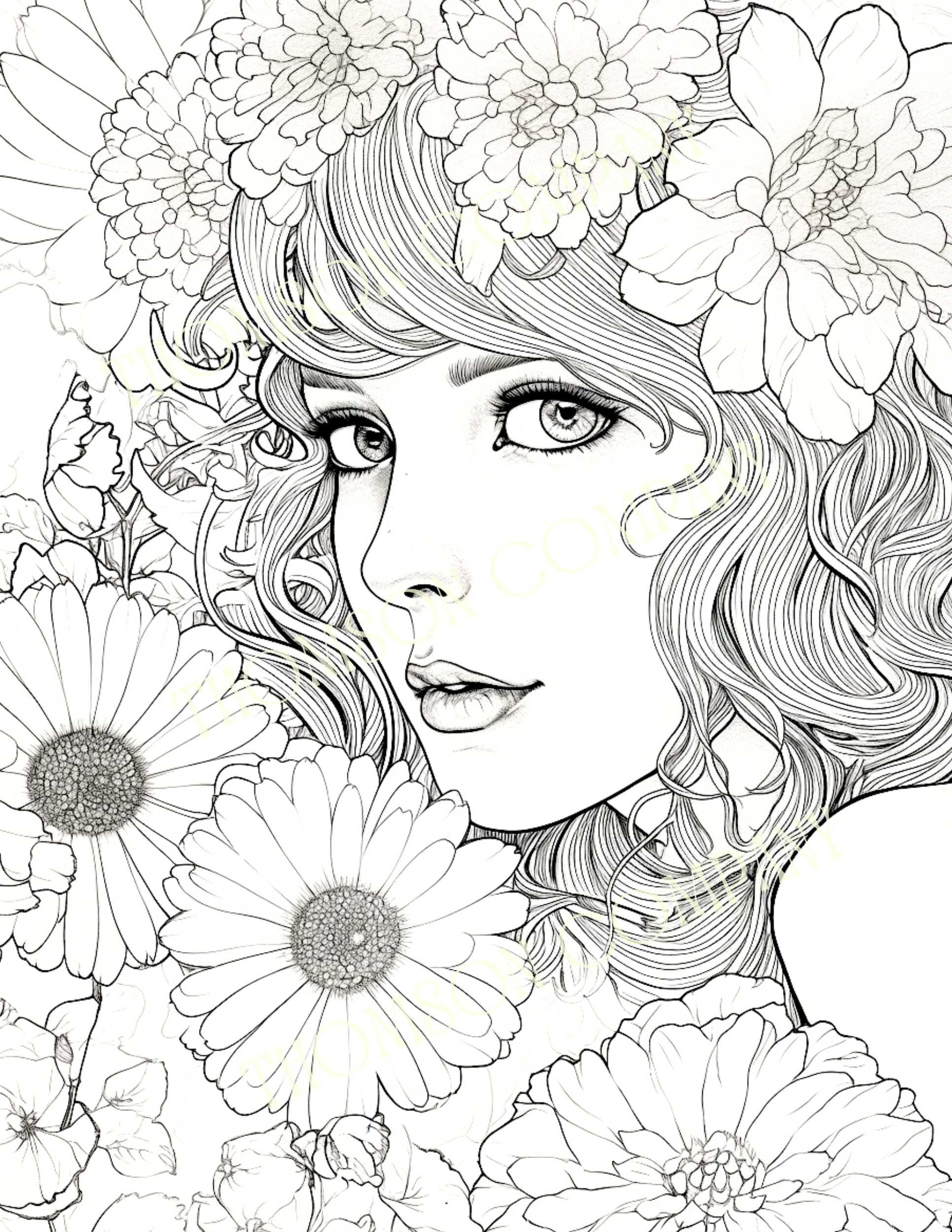11 Portrait of a Lady With Flowers & Butterflies Coloring Pages to De ...