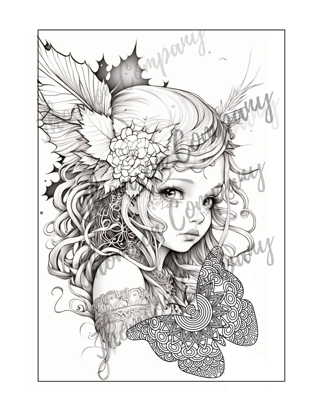 Fairy Fae of the Garden Grayscale Floral Princess Coloring Page ...
