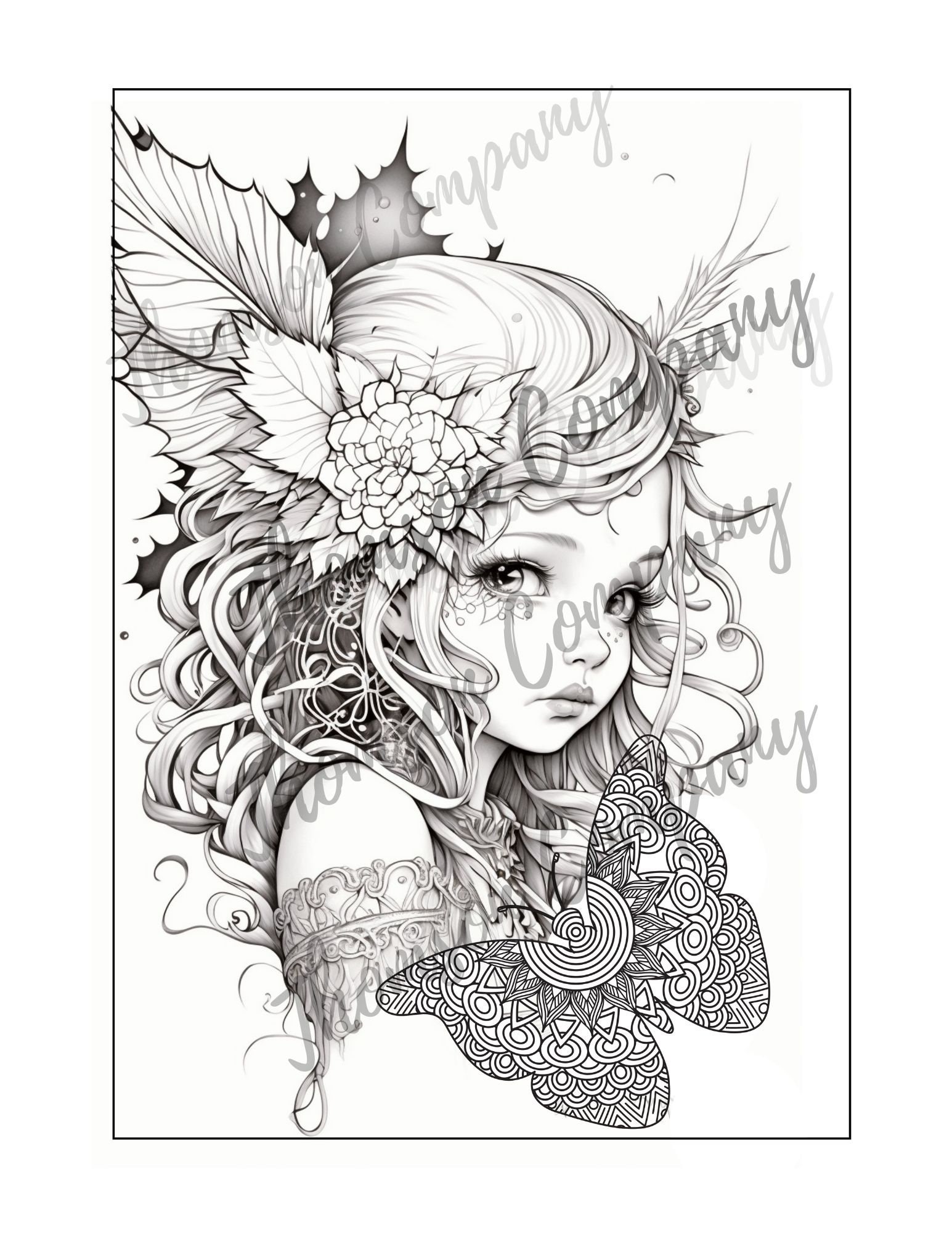 Fairy Fae of the Garden Grayscale Floral Princess Coloring Page ...