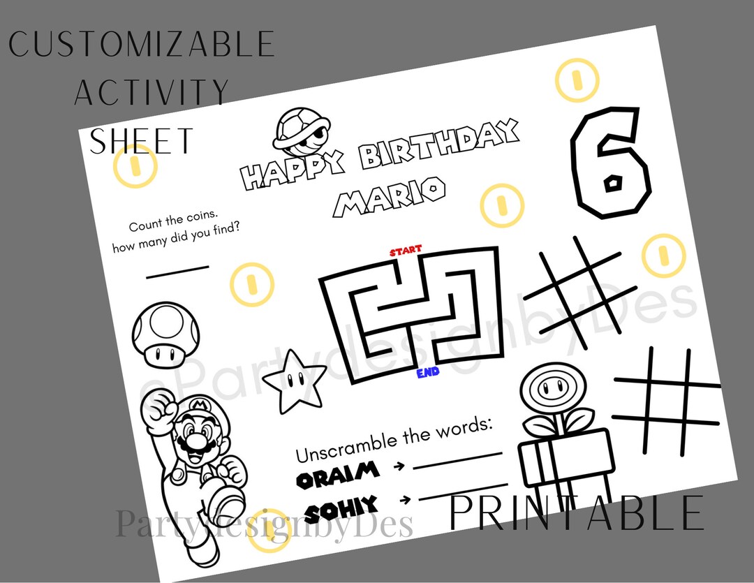 Super Mario Birthday Activity Sheet Personalized Super Mario - Etsy ...