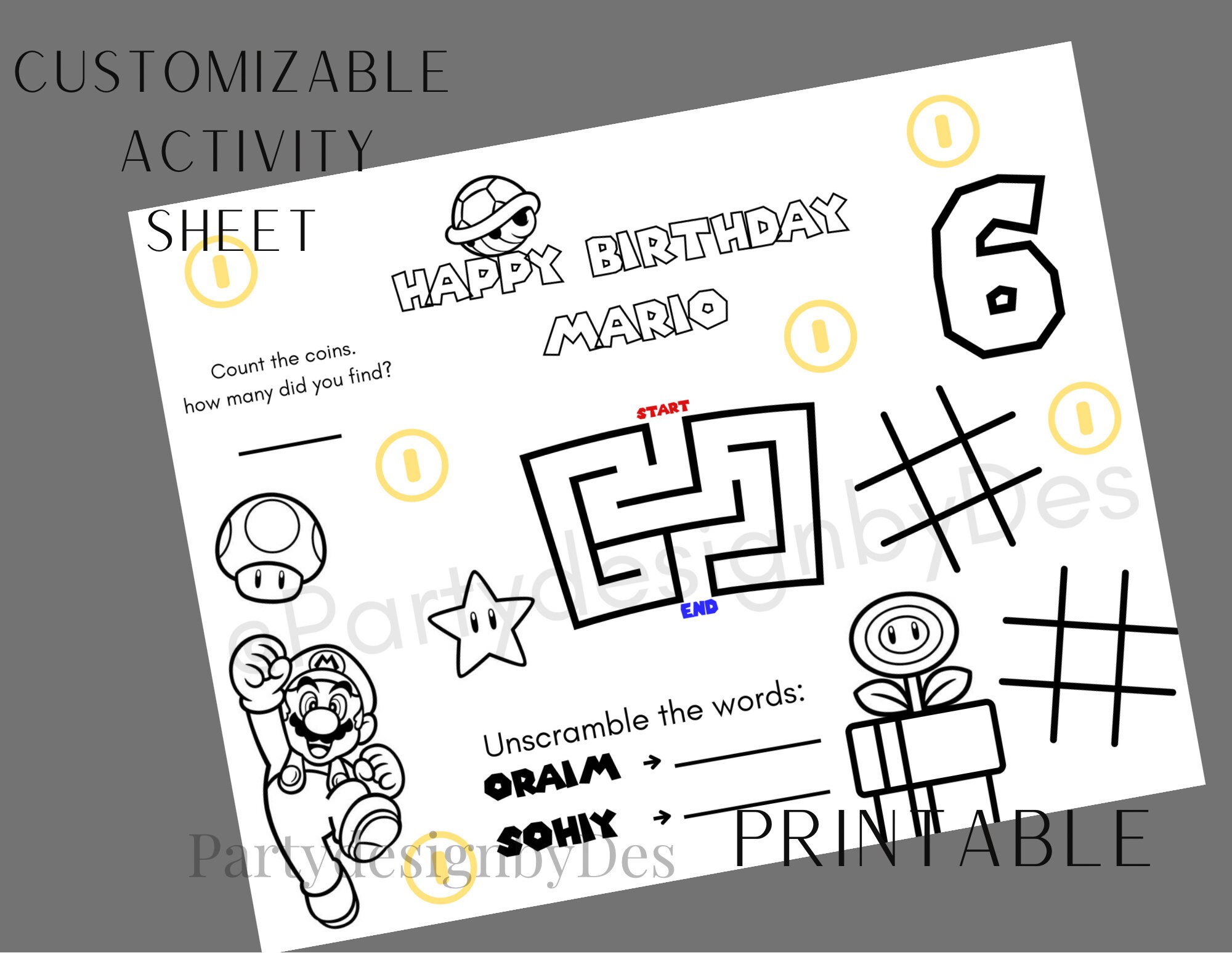 Super Mario Birthday Activity Sheet Personalized Super Mario - Etsy