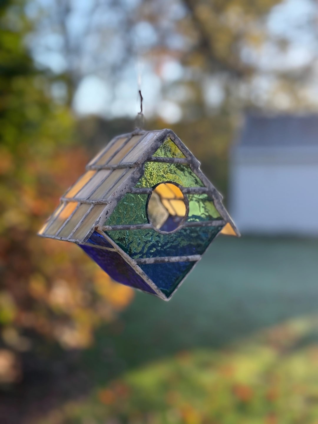 Handmade Stained Glass Bird House. Tiffany Style Garden Decor. Colorful ...
