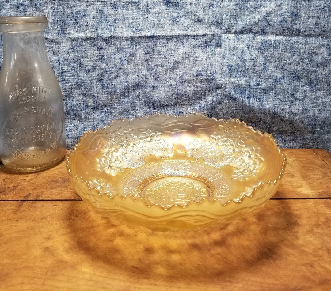 Fenton Rubi Gold Luster Orange Tree Blossom and Band Pattern Fruit Bowl ...