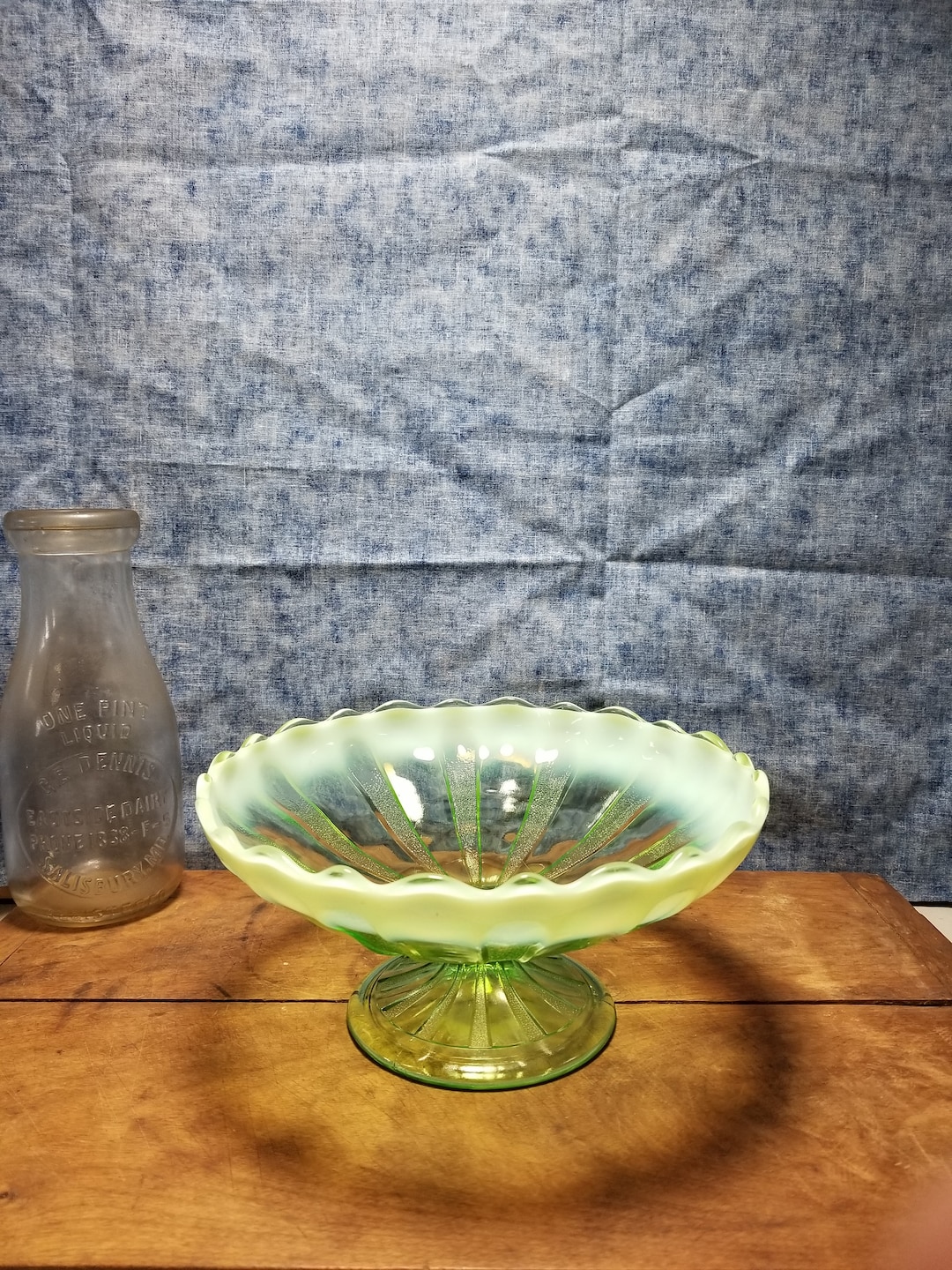 Jefferson Glass Company Green Opalescent Footed Glass Fruit Bowl in ...