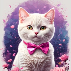 Cubism-splash Art Cat With Pink Flowers Unique Fusion Style Digital ...