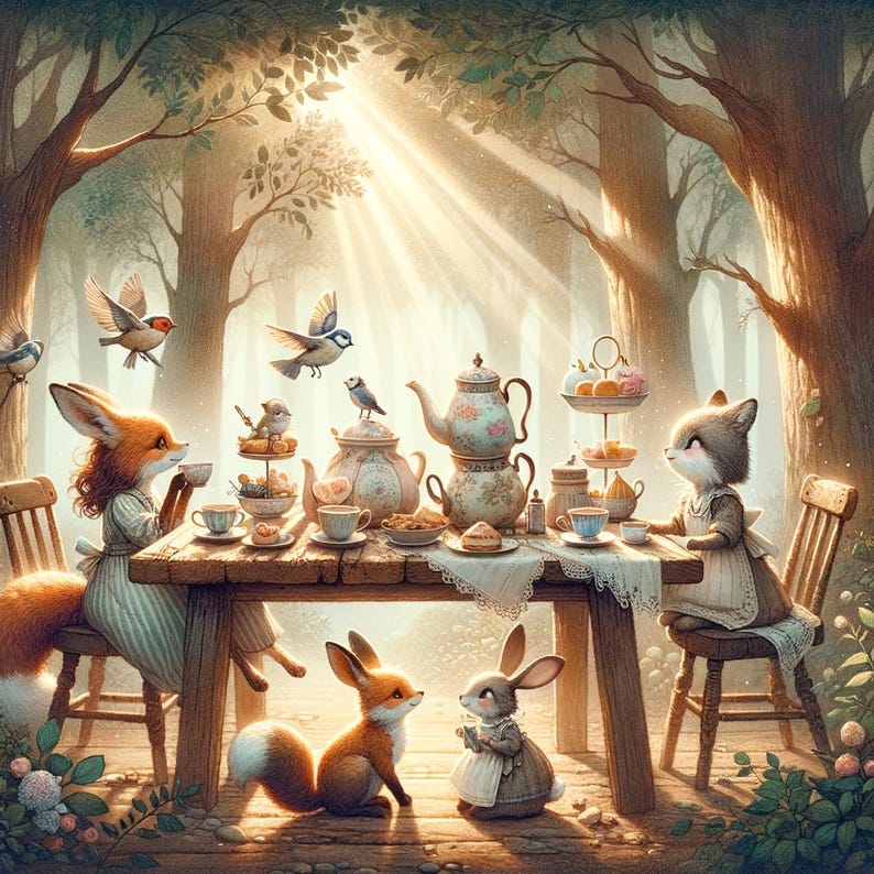 Enchanted Woodland Tea Party Digital Art Whimsical Forest Creatures ...