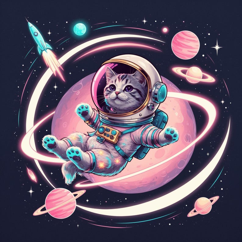 Whimsical Retro Space Cat Art Print | Vintage Astronaut Illustration ...