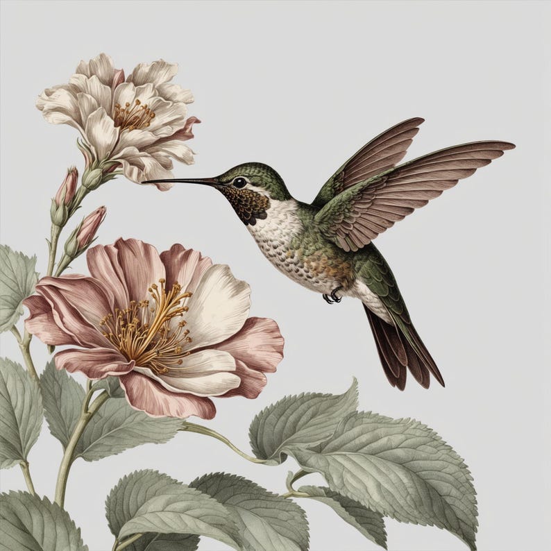 Vintage Hummingbird Botanical Illustration | Elegant Pastel Wall Art ...