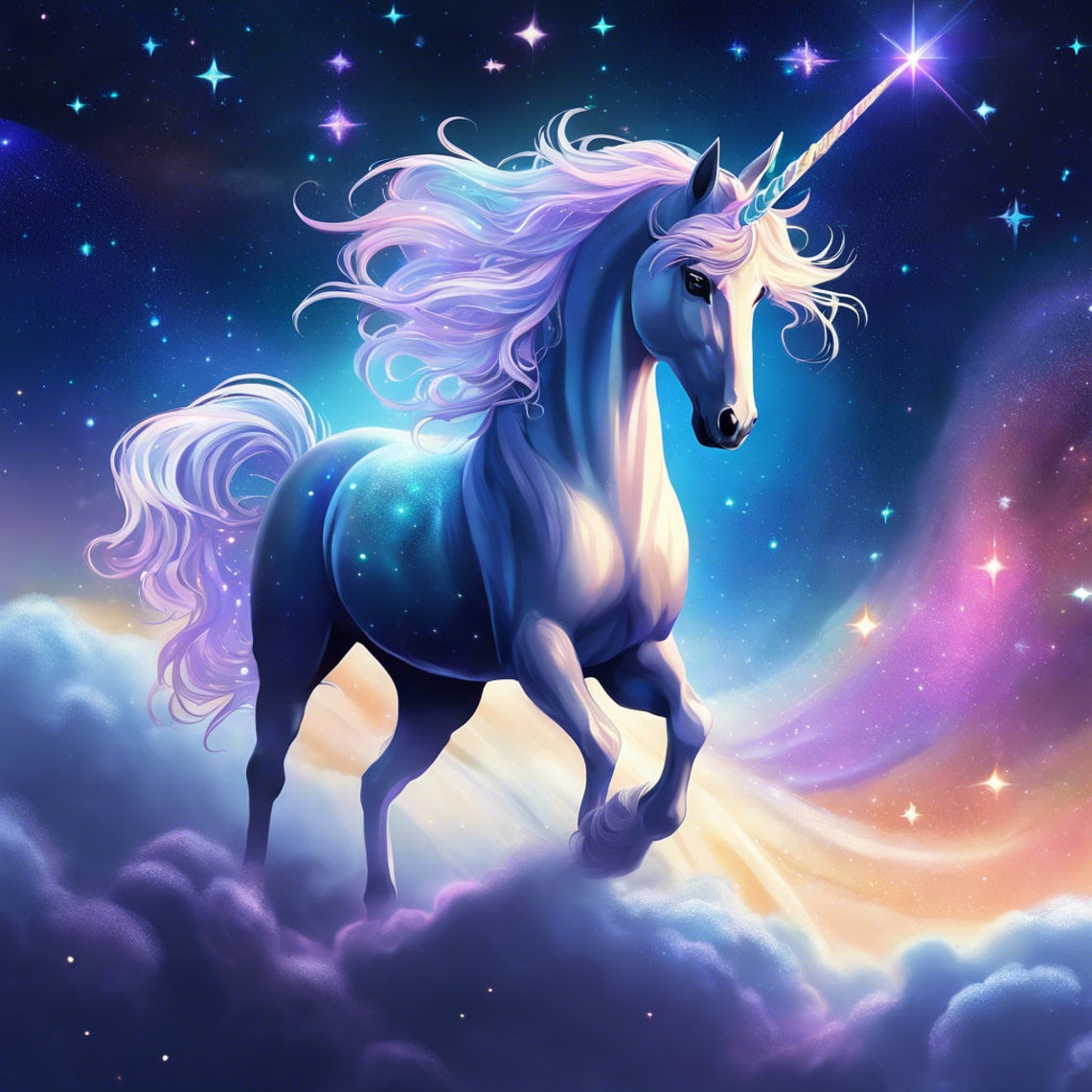 Majestic Unicorn in Galaxy Scene With Iridescent Mane and Stars ...