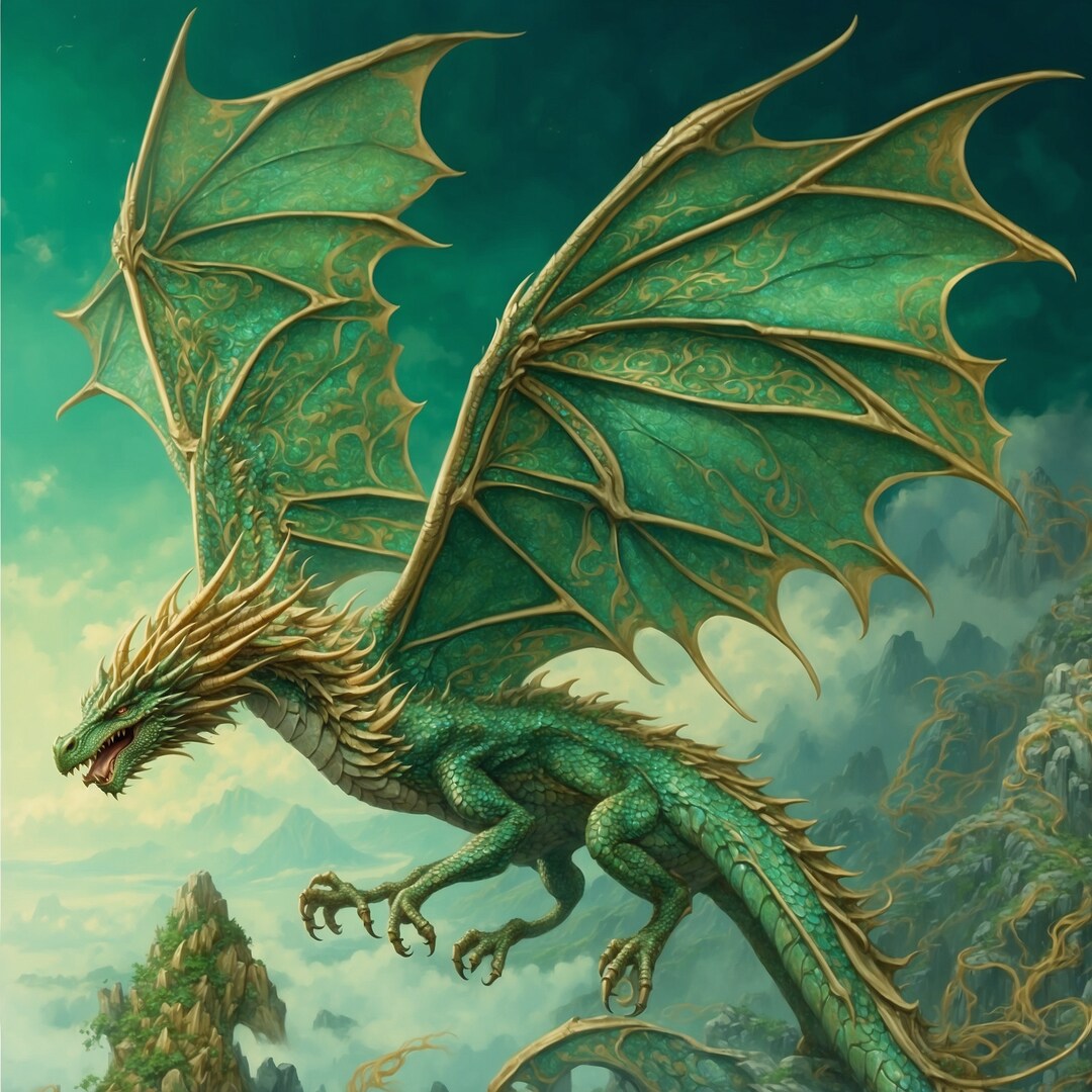 Emerald Green & Gold Dragon Soaring Realistic Fantasy Art Print, High ...