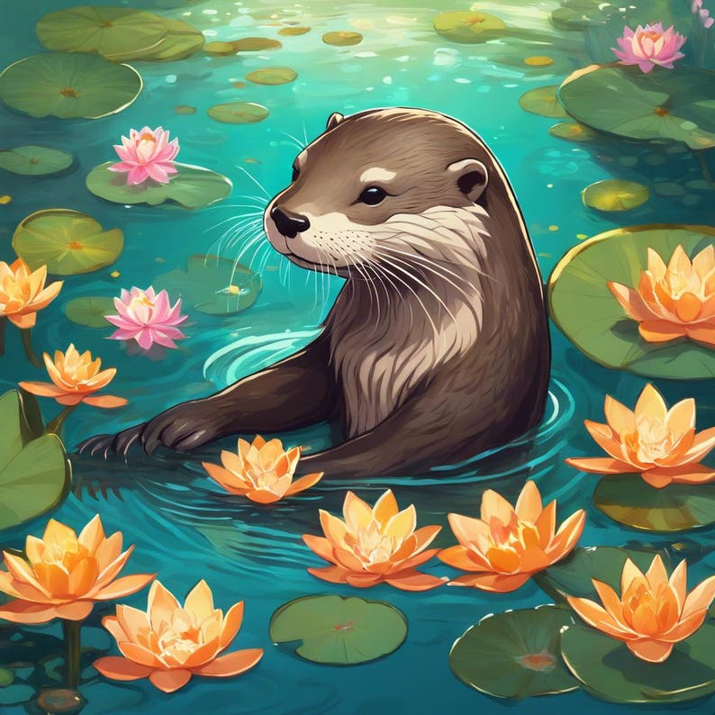 Playful Otter With Golden Shell in Serene Pond High-quality Digital Art ...