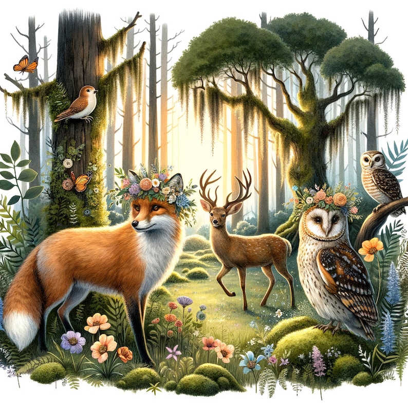 Whimsical Forest Animals With Floral Crowns Watercolor Print Fox, Deer ...