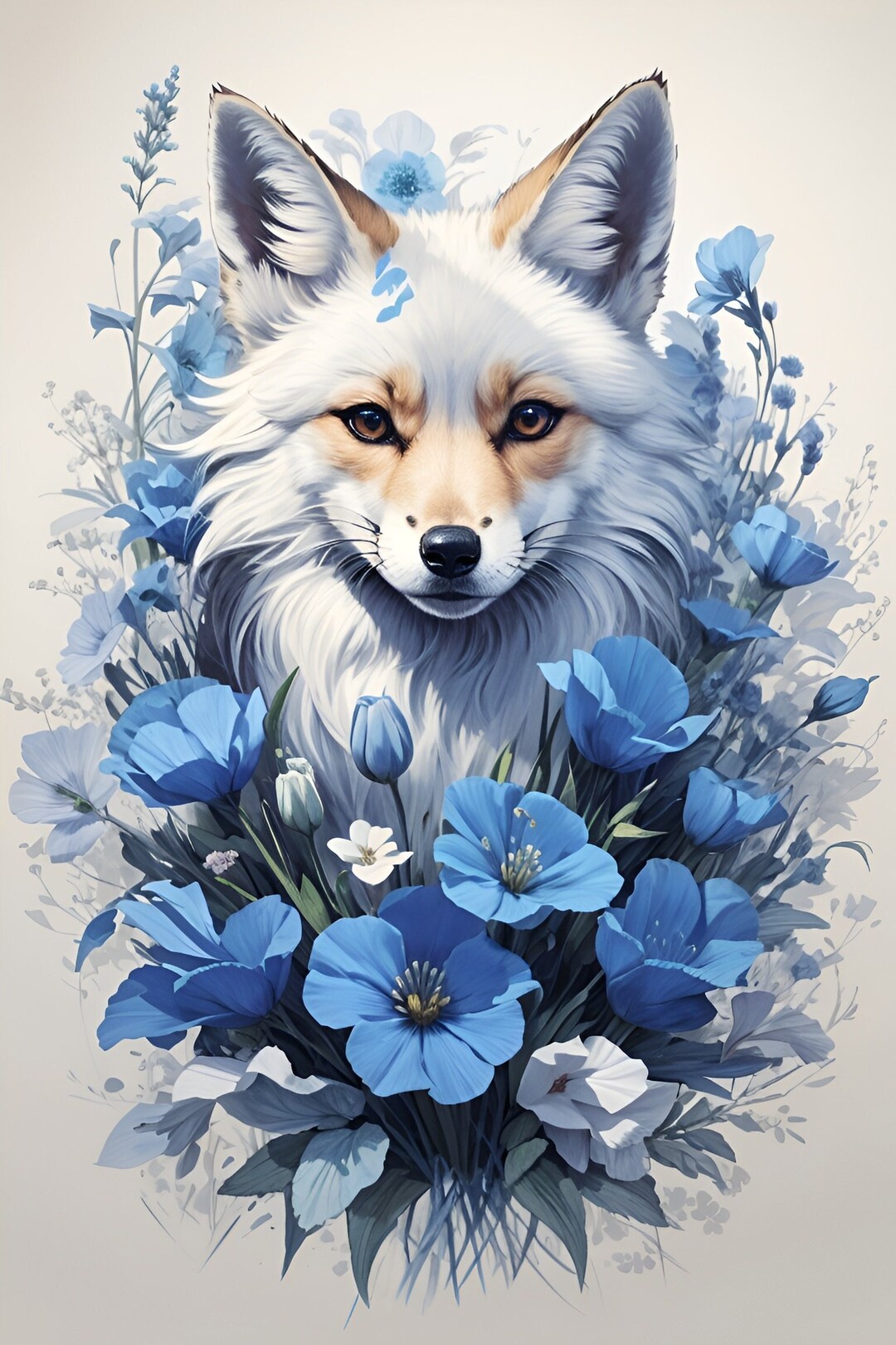 Realistic Arctic Fox Watercolor Painting With Pastel Wildflowers - High ...