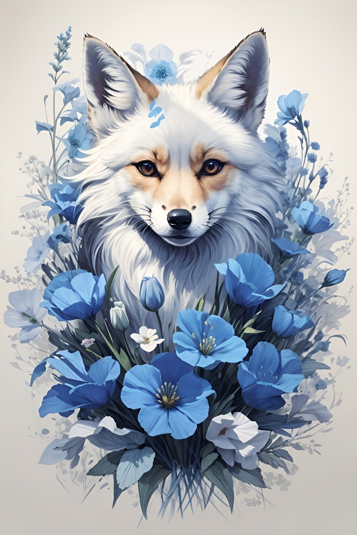 Realistic Arctic Fox Watercolor Painting With Pastel Wildflowers - High ...