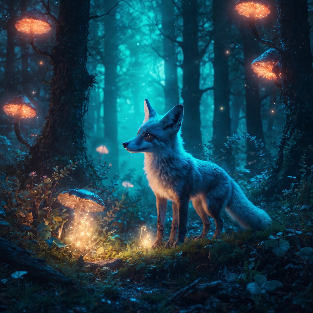 Mystical Bioluminescent Fox in Enchanted Forest With Glowing Mushrooms ...