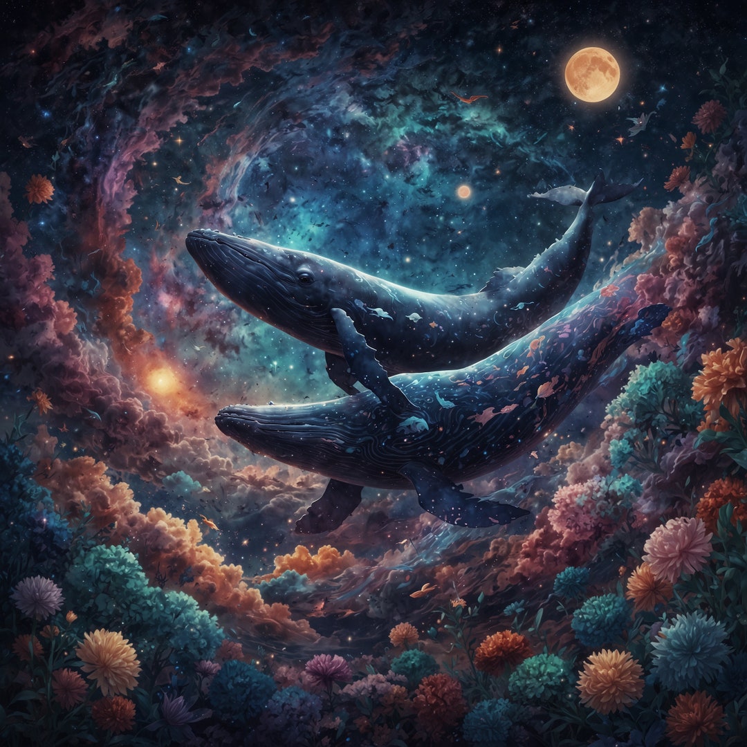 Celestial Whale Fantasy Art Print Starry Night Sky, Glowing Constellations, Ethereal Ocean ...