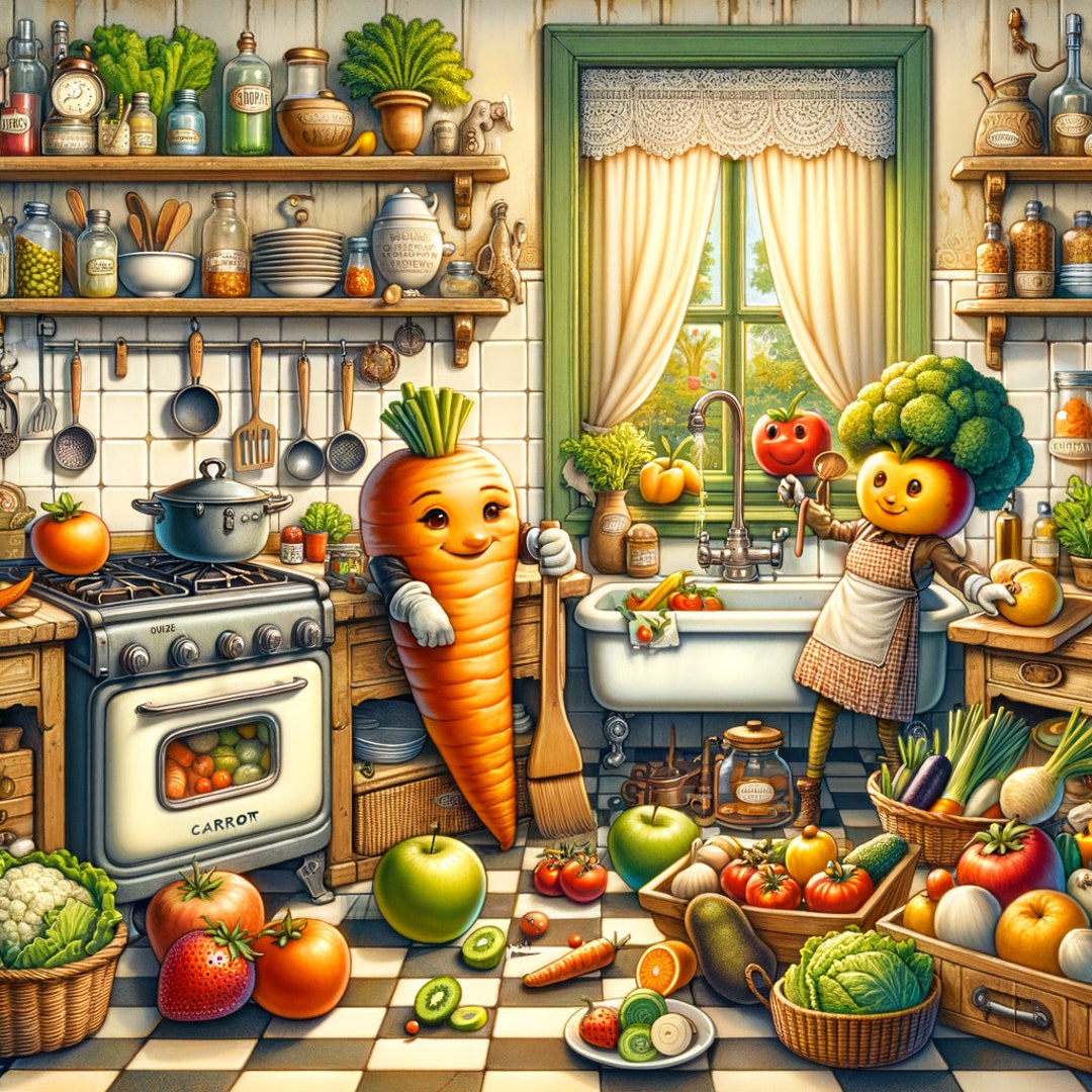 Whimsical Vintage Kitchen Art Print, Anthropomorphic Fruits & Veggies ...