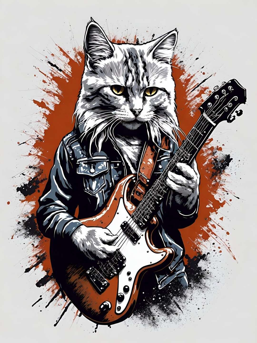 Rockstar Cat With Red Electric Guitar - Feline Musician Illustration ...