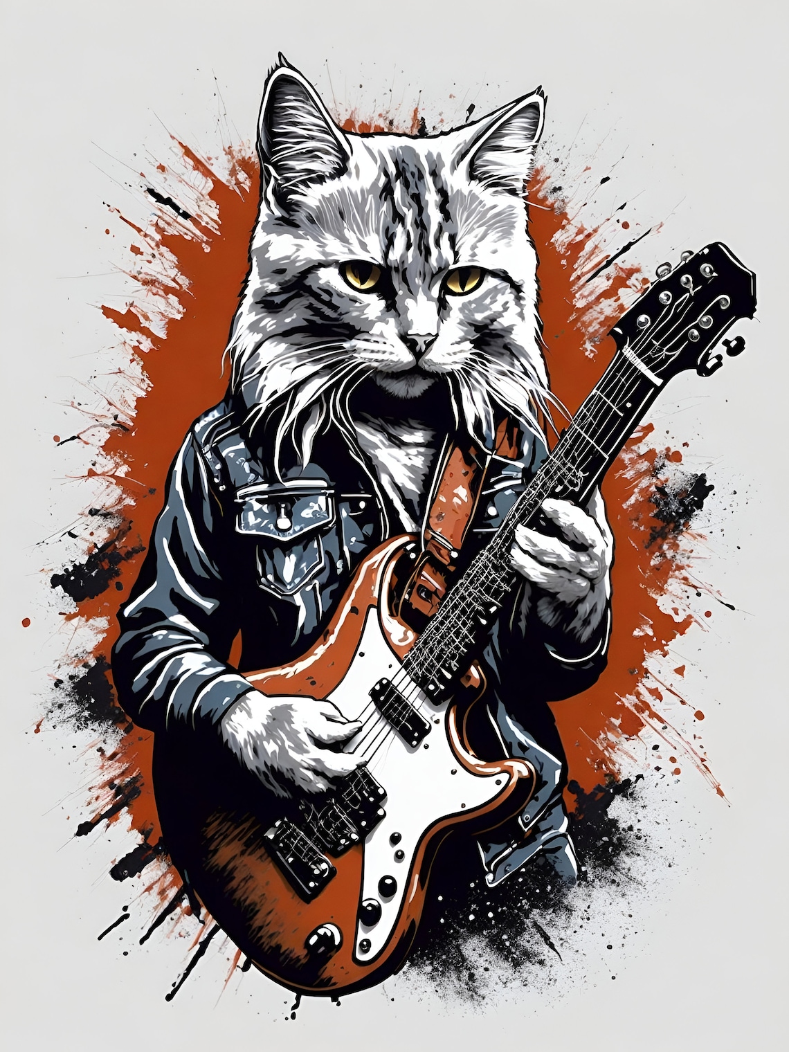 Rockstar Cat With Red Electric Guitar - Feline Musician Illustration ...