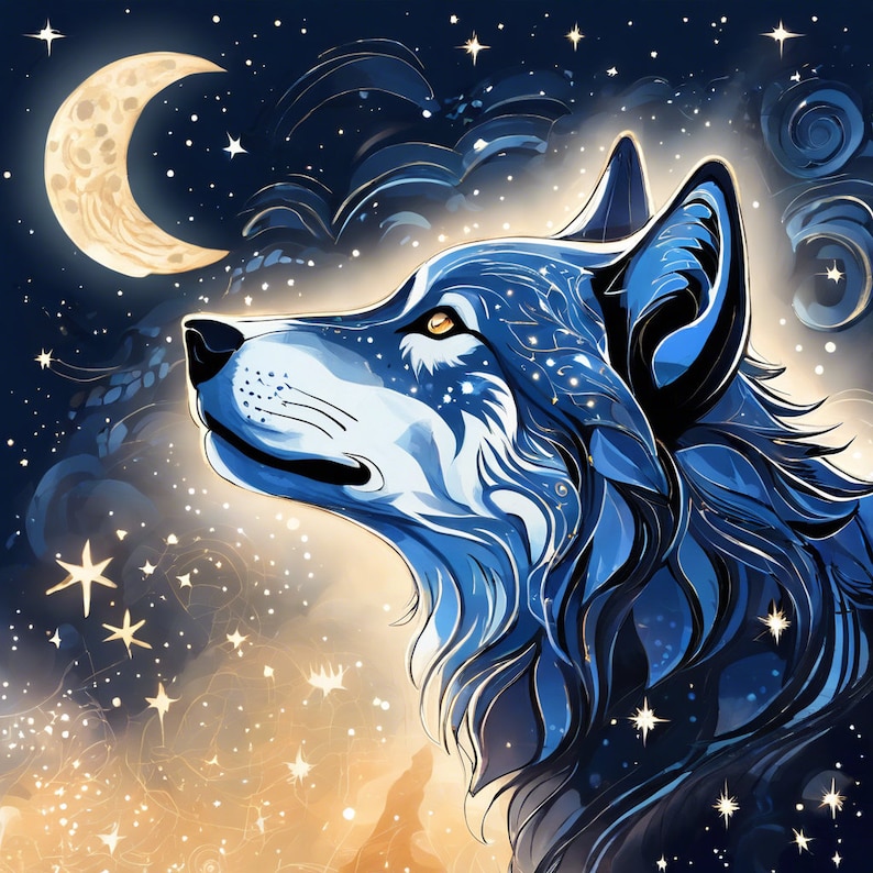 Celestial Wolf Howling at Moon Fantasy Art Print Starry Night Sky ...