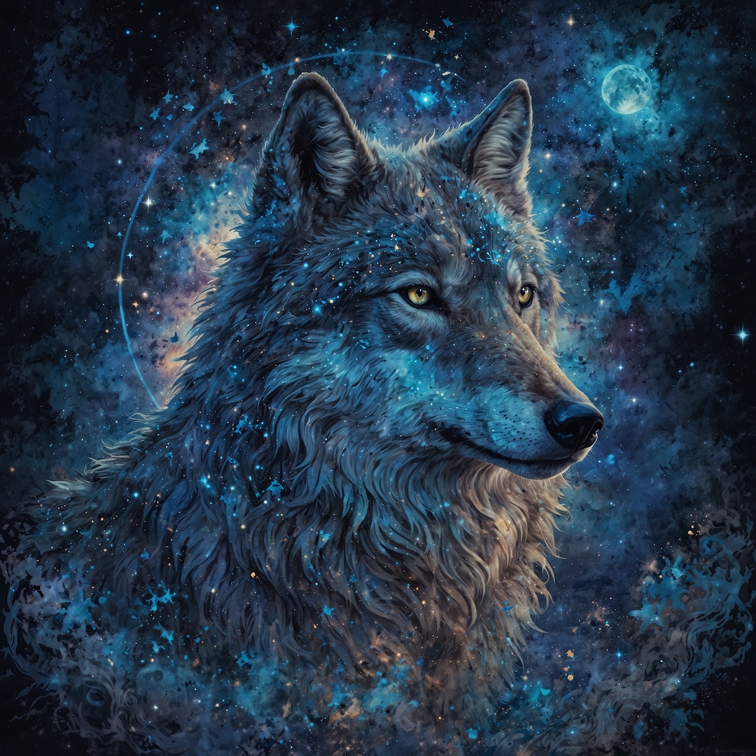 Celestial Wolf Illustration Glowing Eyes & Cosmic Energy Mystical Space ...