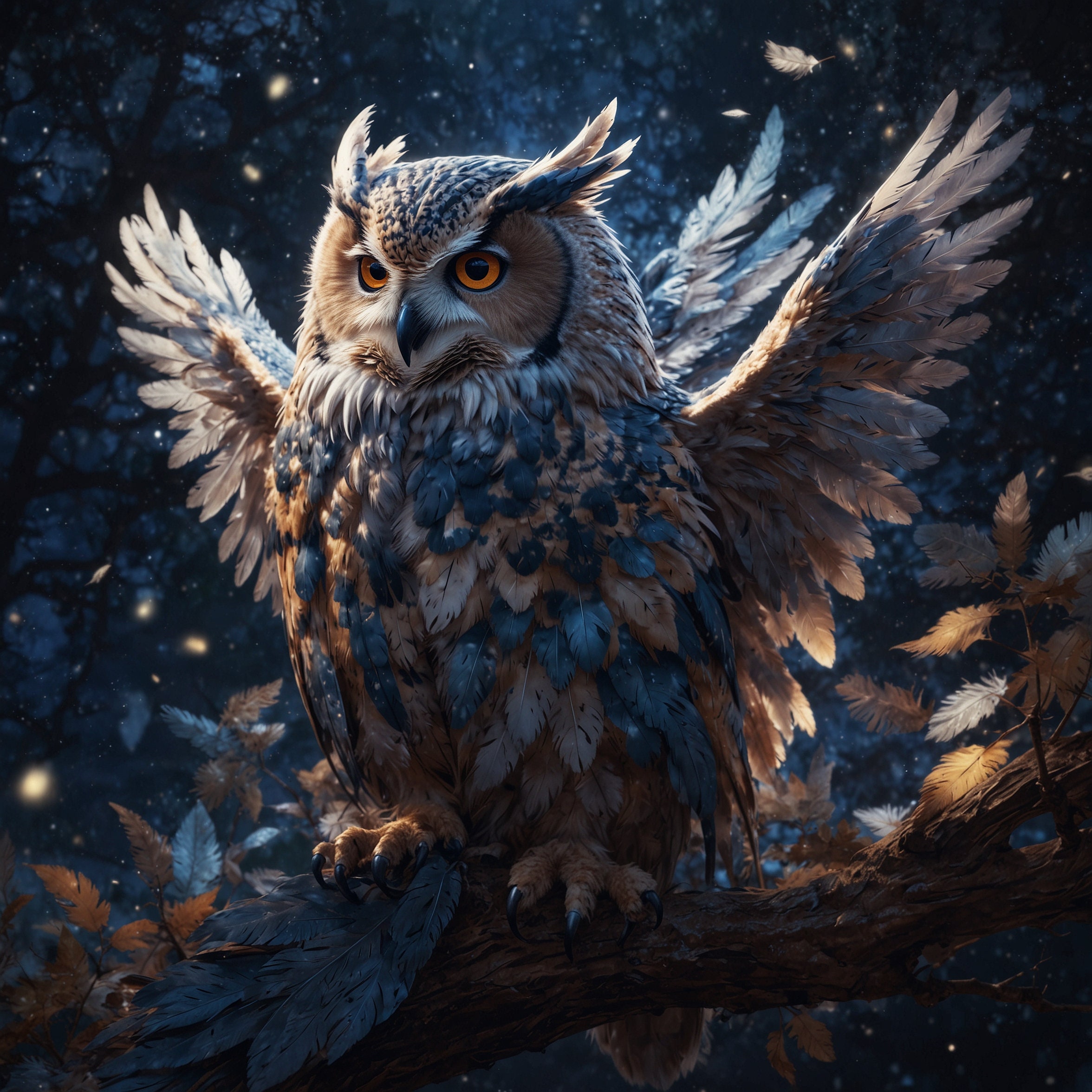Celestial Owl Fantasy Art Print Luminescent Feathers & Midnight Blue ...