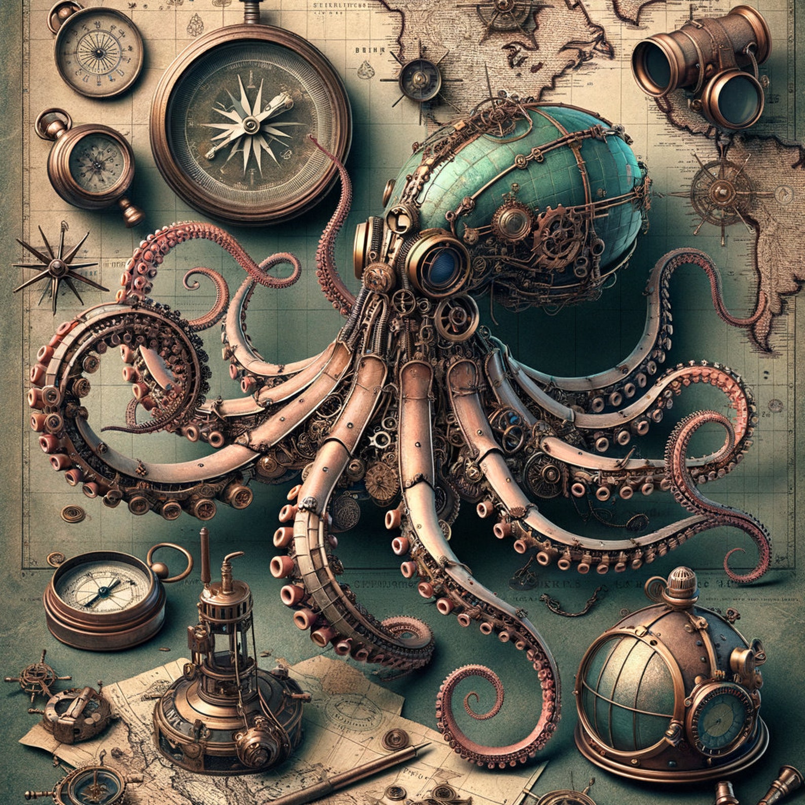 Victorian Steampunk Octopus Art Print Intricate Mechanical Tentacles ...