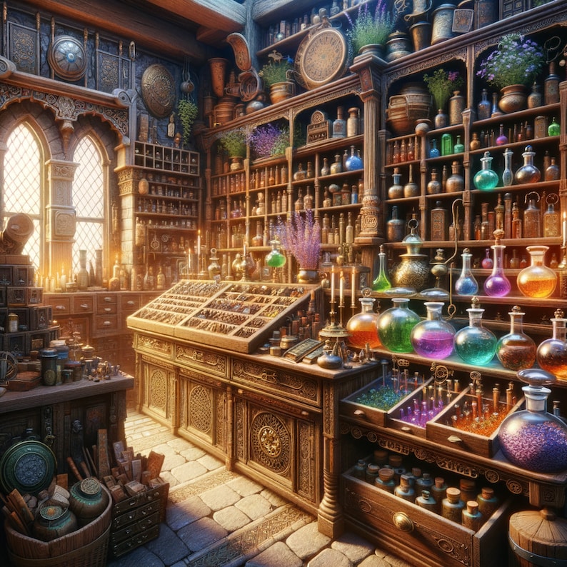 Whimsical Old-fashioned Apothecary Store Art Vibrant Potion Vials, Enigmatic Herbs, Magic ...