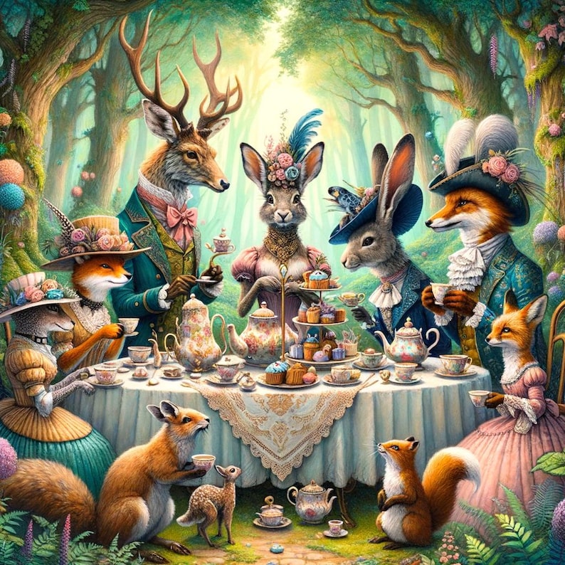 Victorian Animal Tea Party in Enchanted Forest - Digital Watercolor ...